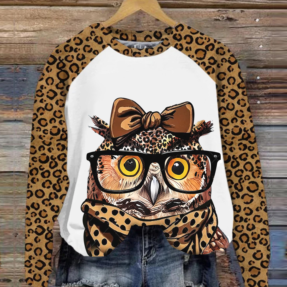 Owl Leopard Print Long Sleeve Shirt Funny Owl Women Clothing Gifts For ...