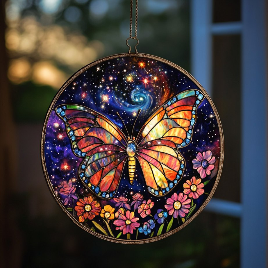 Butterfly Starry Night Stained Glass Suncatcher Window Hanging ...