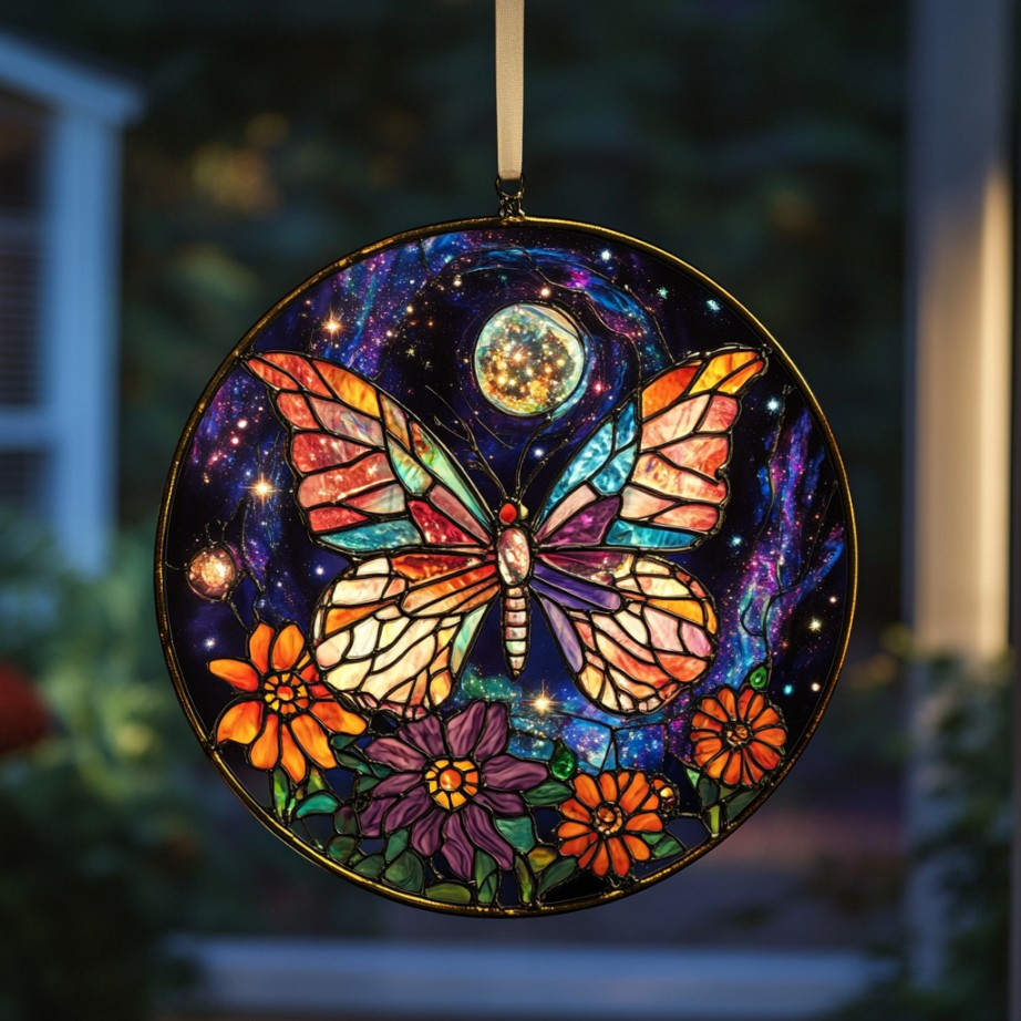 Butterfly Starry Night Stained Glass Suncatcher Window Hanging ...