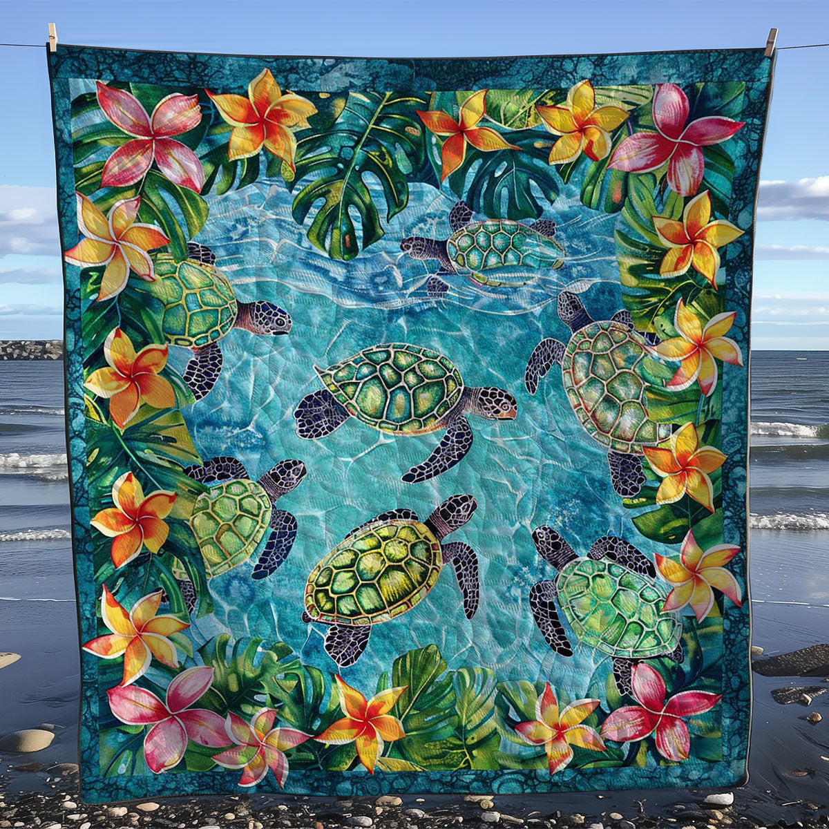 Tropical Turtles And Plumeria Quilt Blanket Sea Turtle Themed Gifts ...