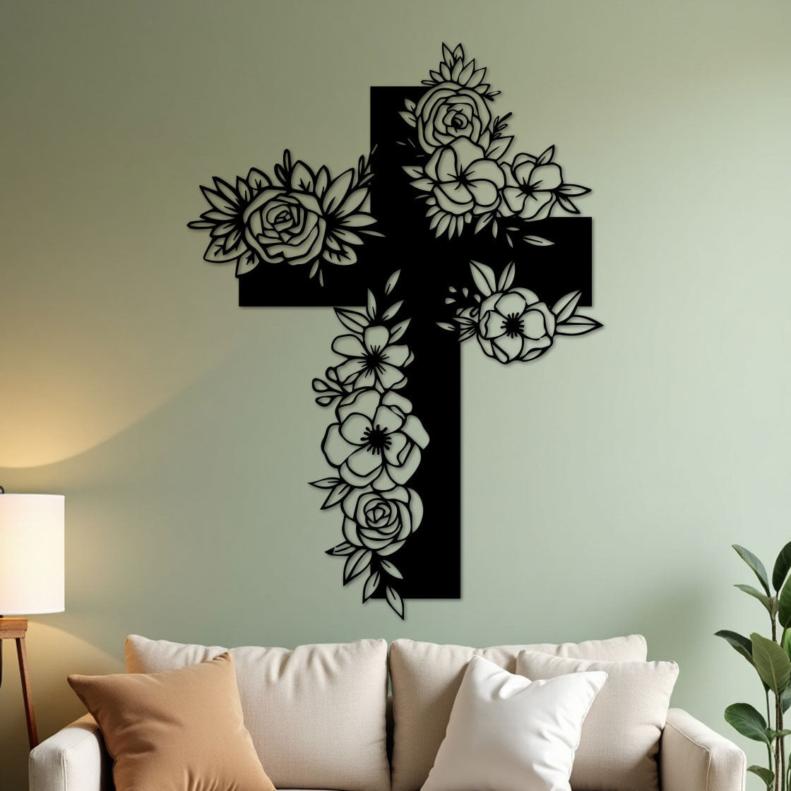 Simple Cross with Flowers Metal Wall Art Home Decoration Easy to Hang ...