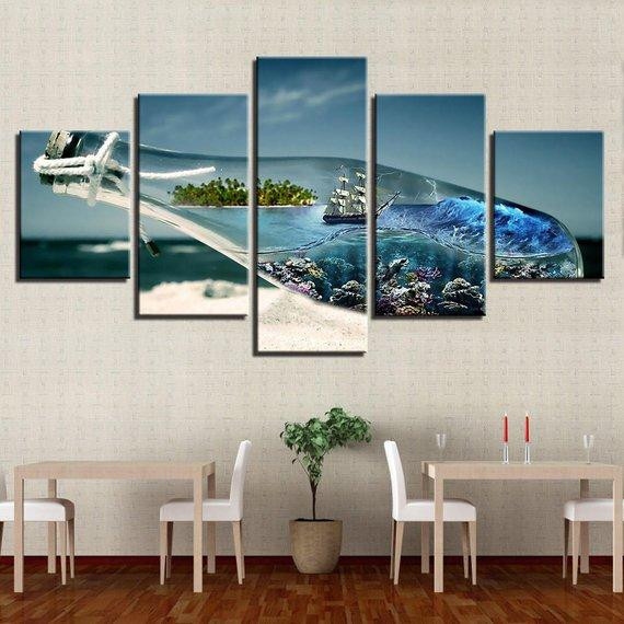 Sea In The Botlle 2 Abstract 5 Panel Canvas Art Wall Decor Luxury Multi ...