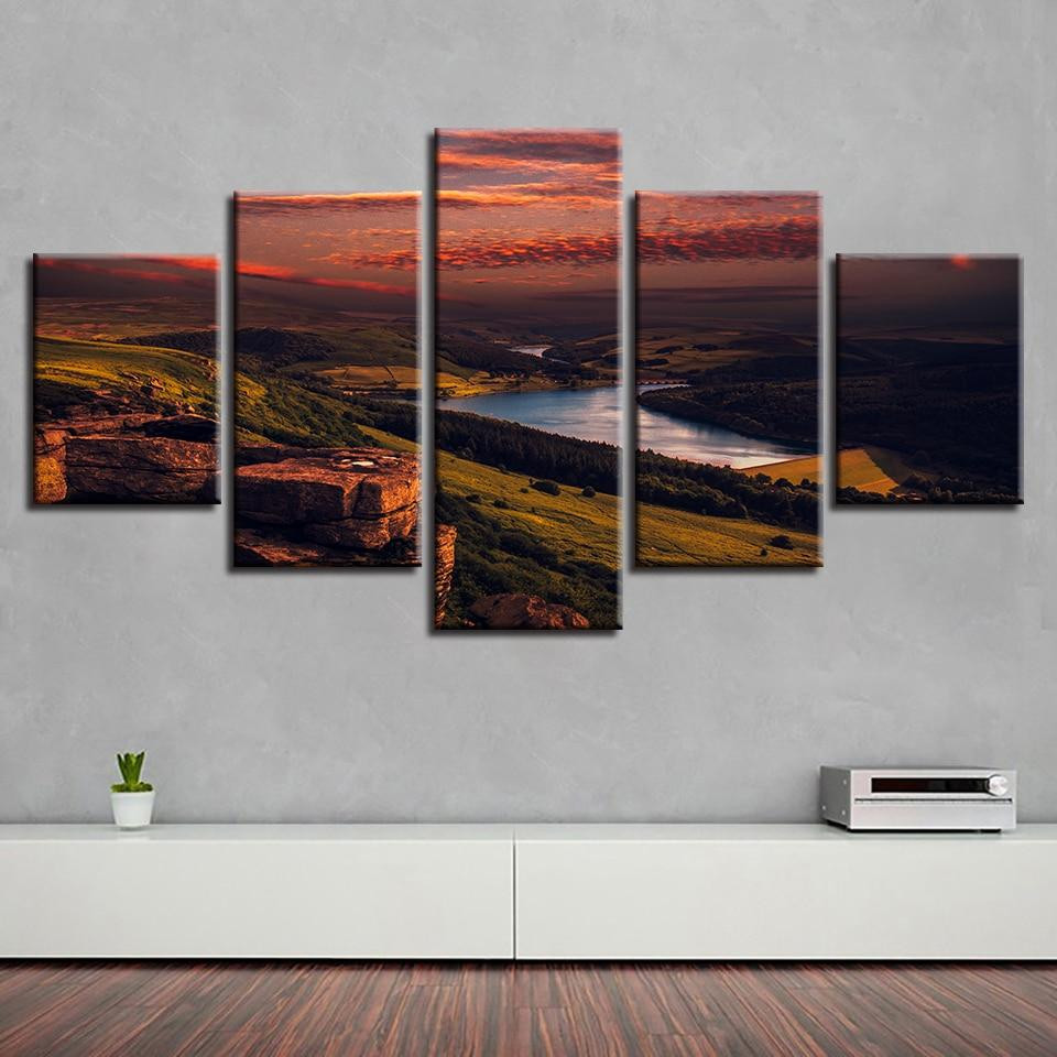 Mountain Lake And Red Sky Sunset 1 Nature 5 Panel Canvas Art Wall Decor ...