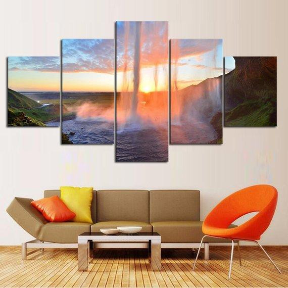 Sunset Falls Nature 5 Panel Canvas Art Wall Decor Luxury Multi Canvas ...