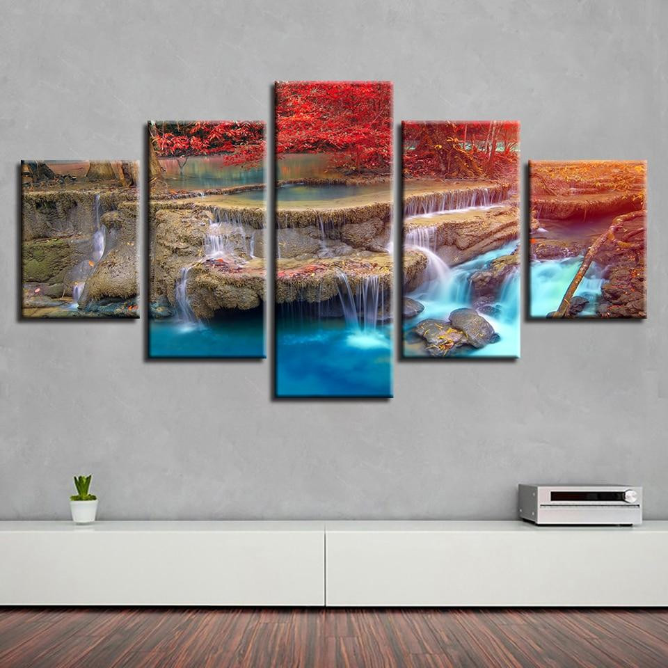 Red Tree Waterfalls Nature 5 Panel Canvas Art Wall Decor Luxury Multi ...