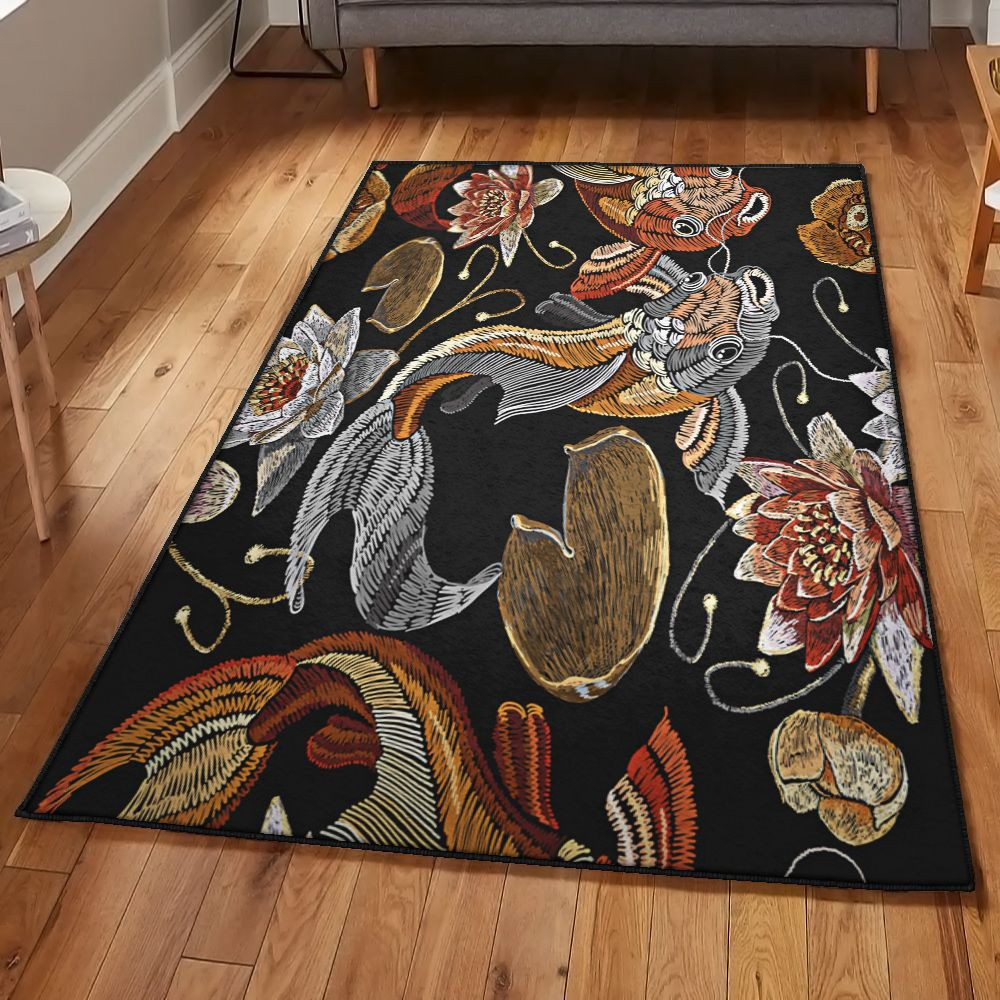 Lily Flower Carpet Vintage Koi Fish And Water Lily Rug Rectangle Rugs ...