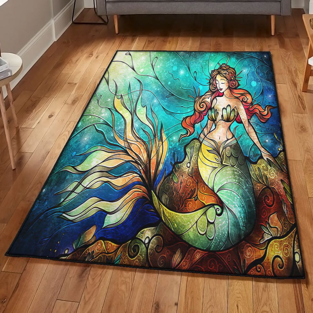 Mermaid Birthday Art Deco Rug Mermaid Rug Rectangle Rugs Washable Area ...