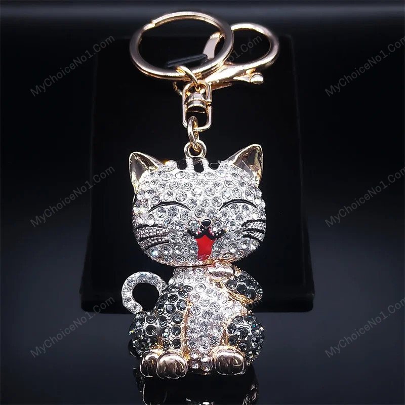 Cartoon Cat Keychain Rhinestone Gold Color Cute Kitty Keyring Holder C ...