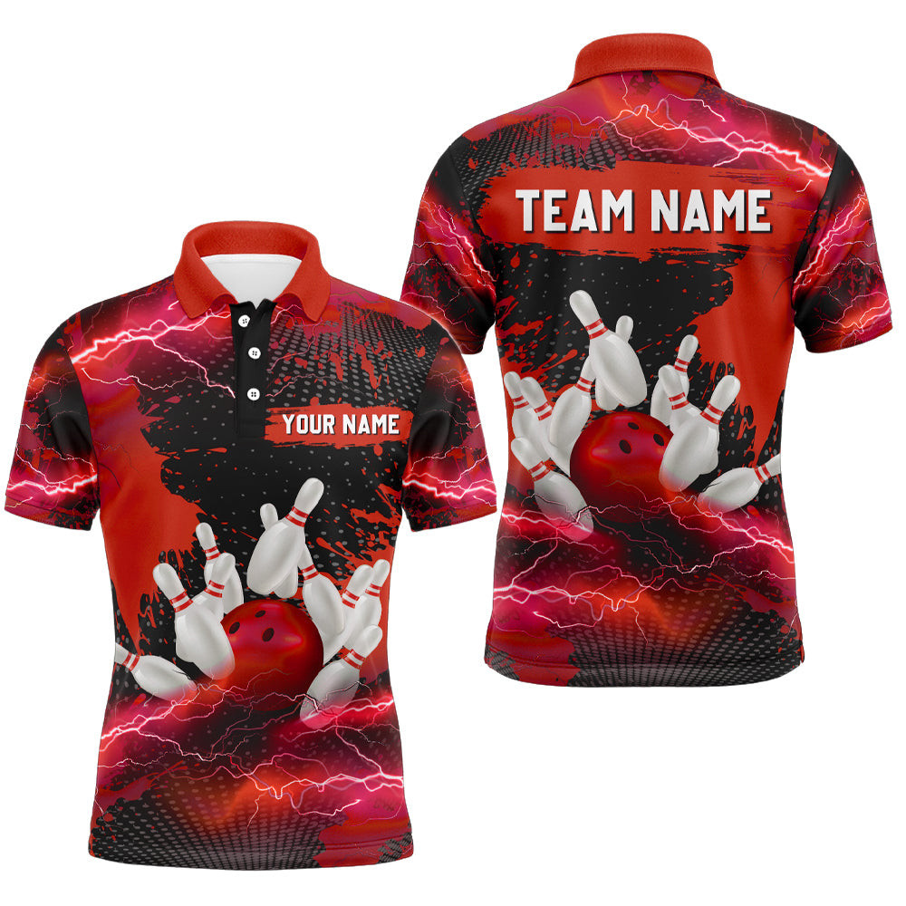 Custom Red Bowling Polo Shirts for Men & Women Lightning Thunder Bowli ...