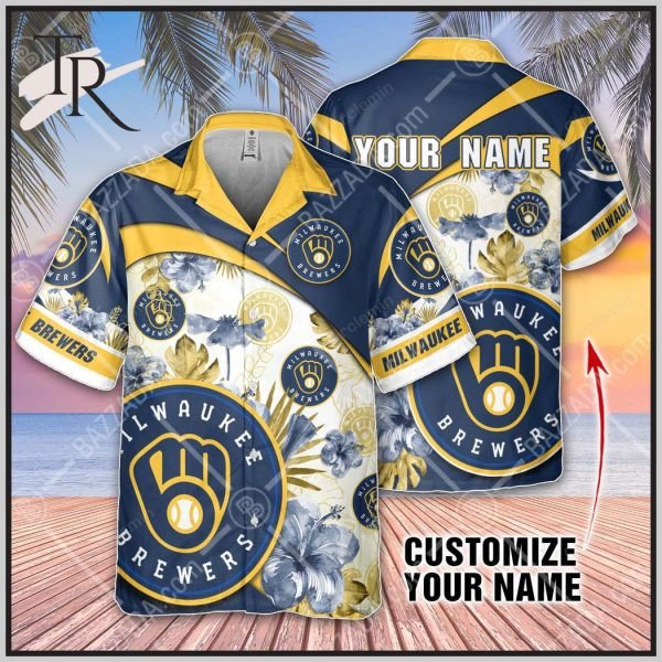 Custom Name MLB Milwaukee Brewers Navy And Yellow 3D Hawaiian Shirt ...