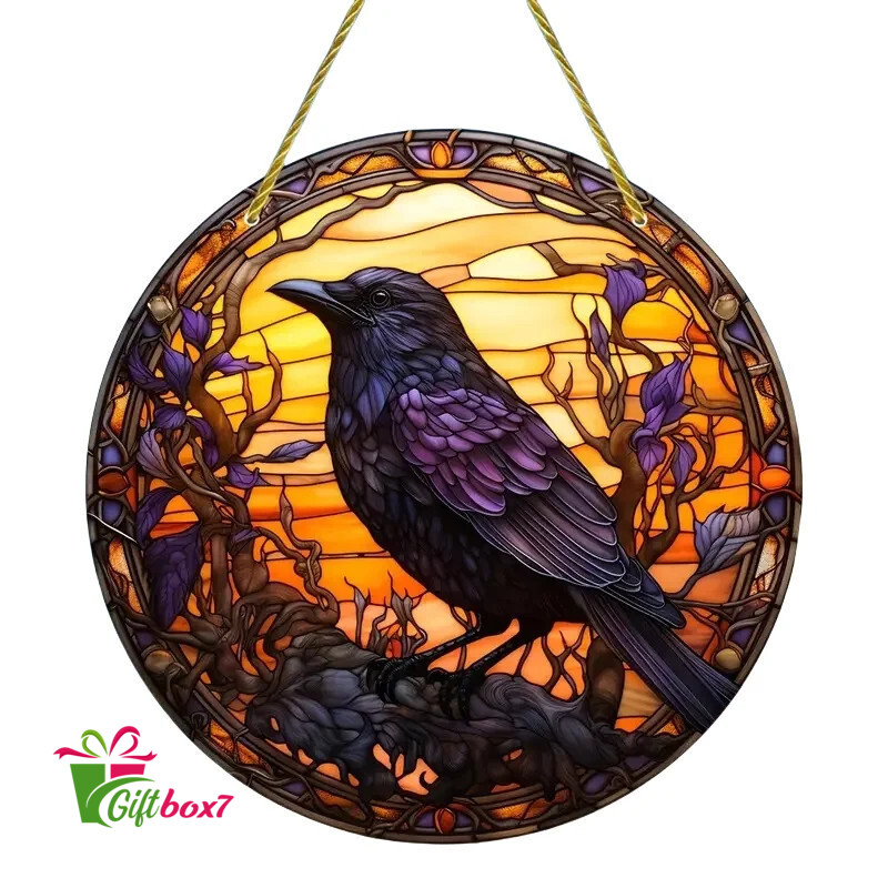 Crow Painted Acrylic Window Hanging, Circular Flower Wreath Center, Po ...