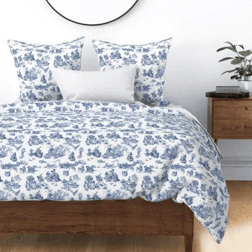 Alice Blue Toile De Jouy Large Bedding Set - Kaibatime